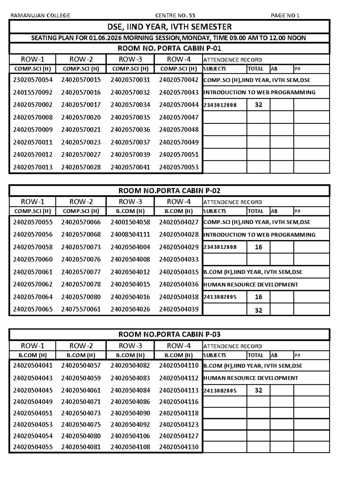 Seating Plan for DSE IInd Year IVth Sem - 01.06.2026 Morning Session ...