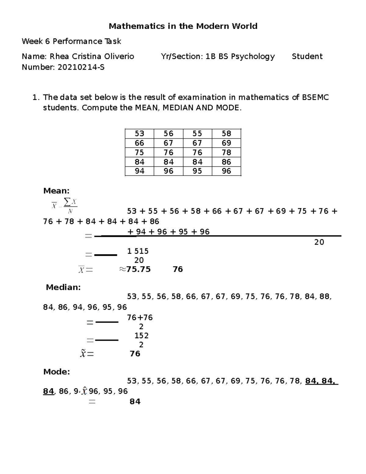 Mathematics in the Modern World: Week 6 Performance Task - Studocu