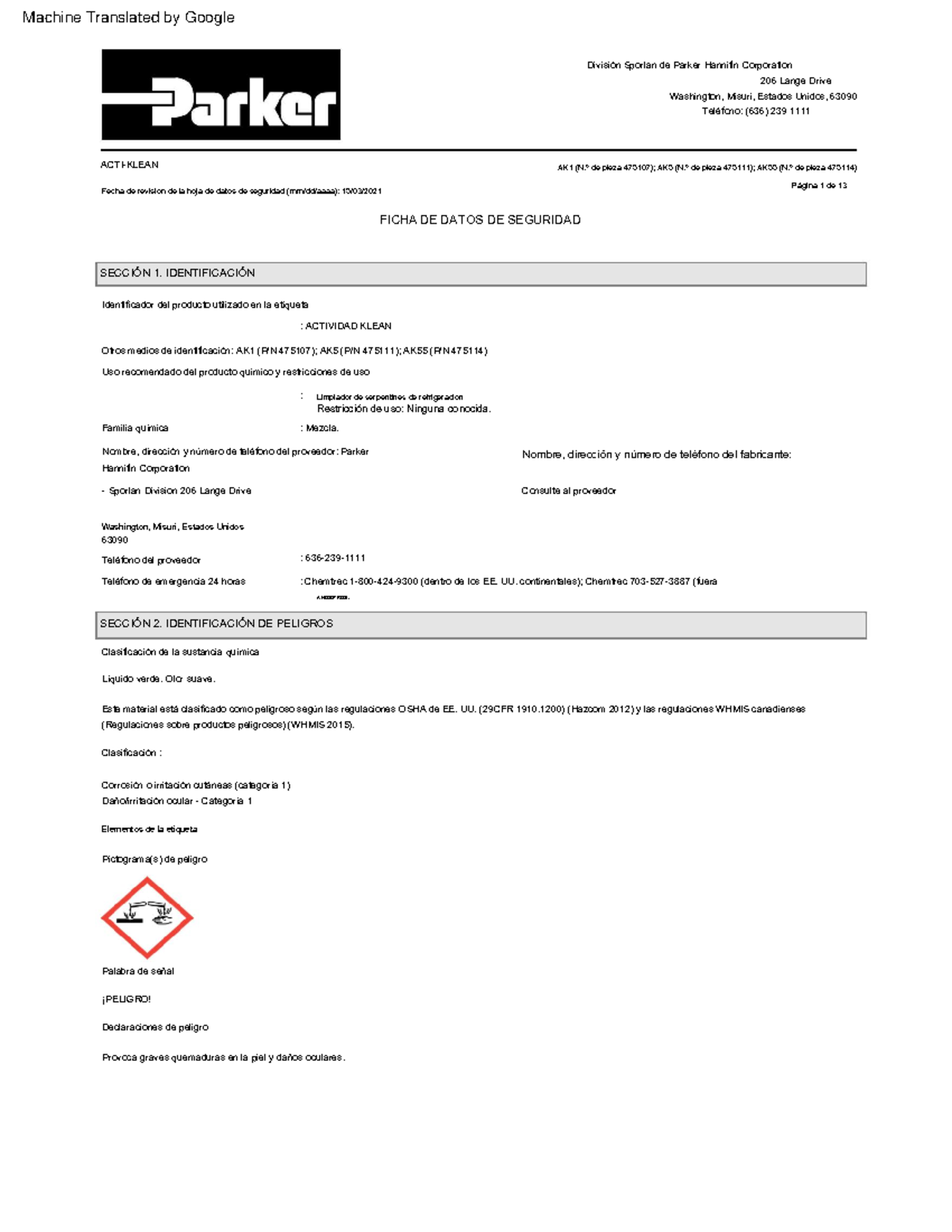 FDS de Seguridad para ACTI-Klean - Parker Hannifin AK1, AK5, AK55 - Studocu