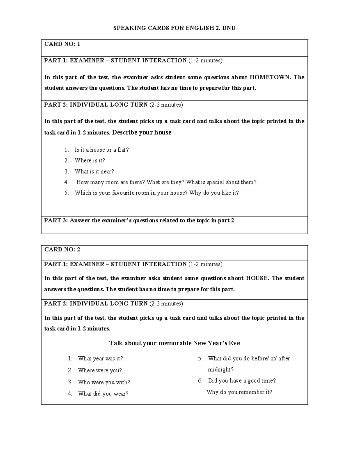 E2 Speaking Cards: Task Cards for English 2 Exam Preparation - Studocu