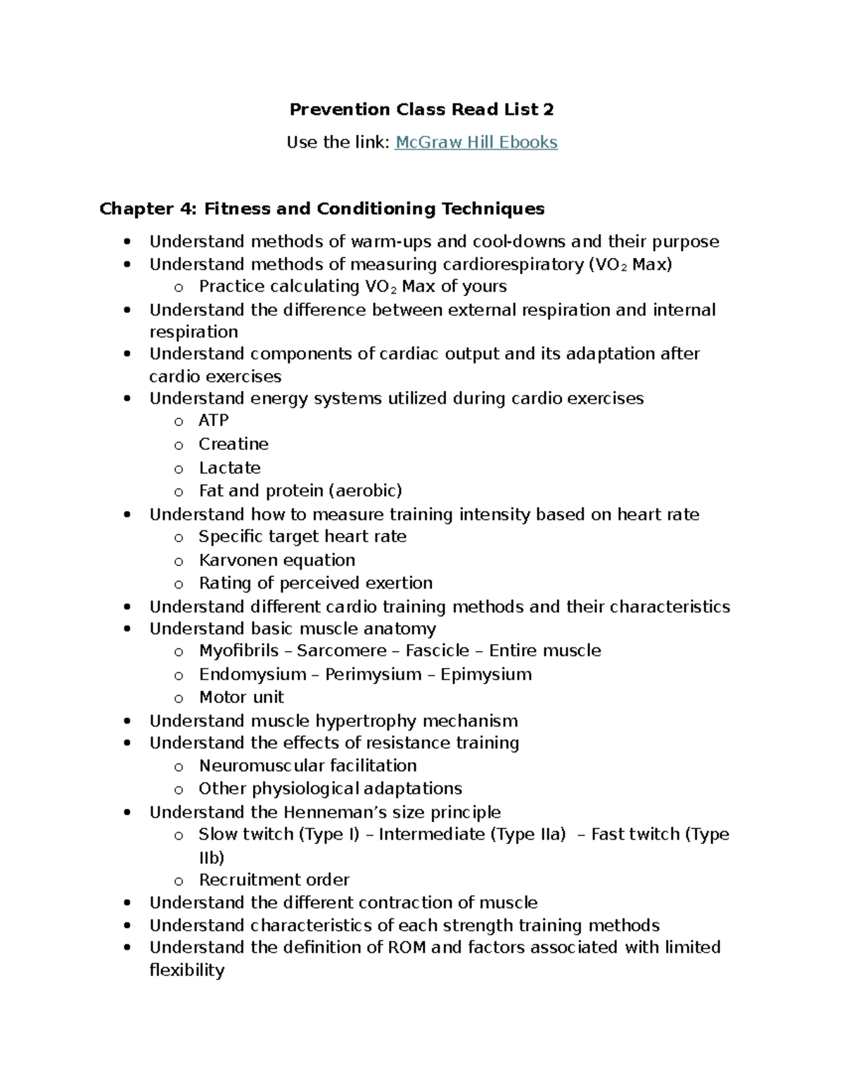 Fitness and Conditioning Techniques: Prevention Class Read List 2 - Studocu