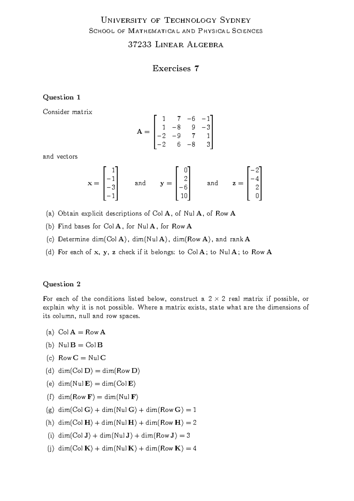 37233 Linear Algebra - Exercise 7 Solutions and Matrix Analysis - Studocu