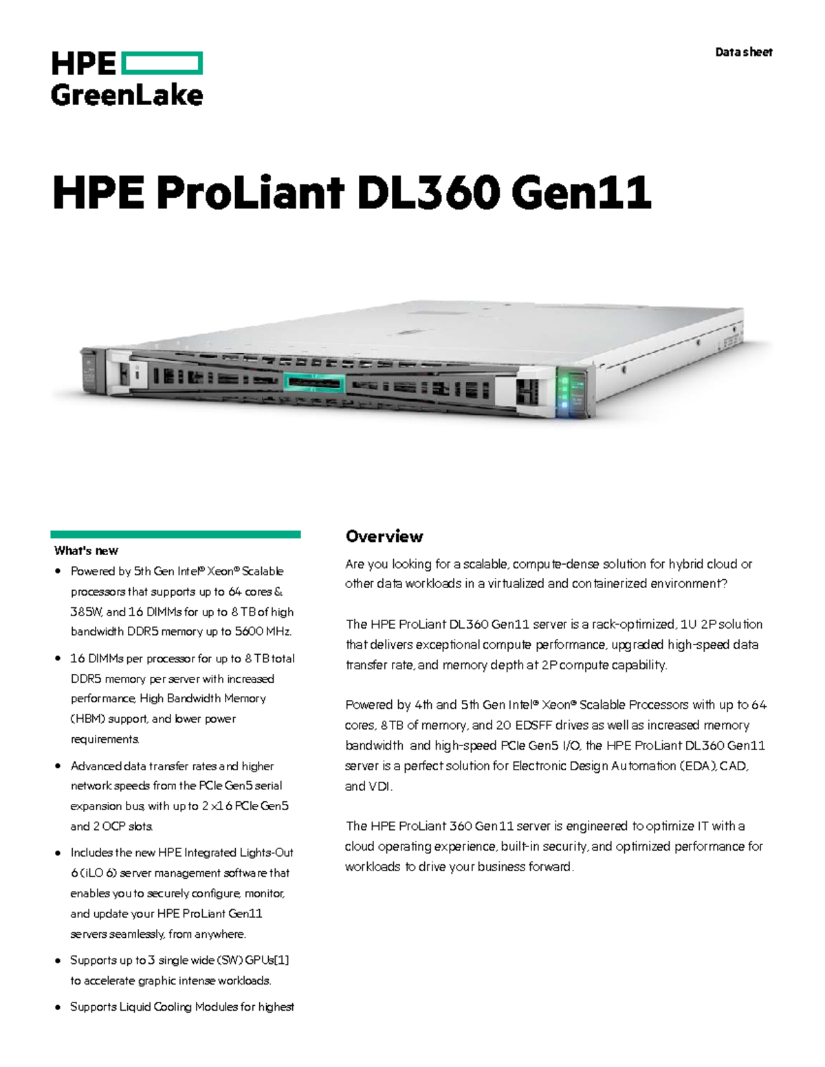 HPE ProLiant DL360 Gen11 Data Sheet: 5th Gen Scalable Processors - Studocu