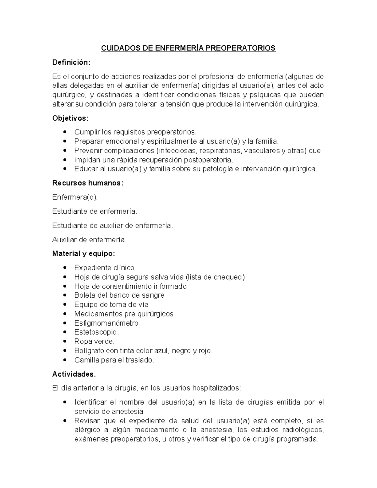 Cuidados DE Enfermería PRE Y POST Operatorios - CUIDADOS DE ENFERMERÍA ...