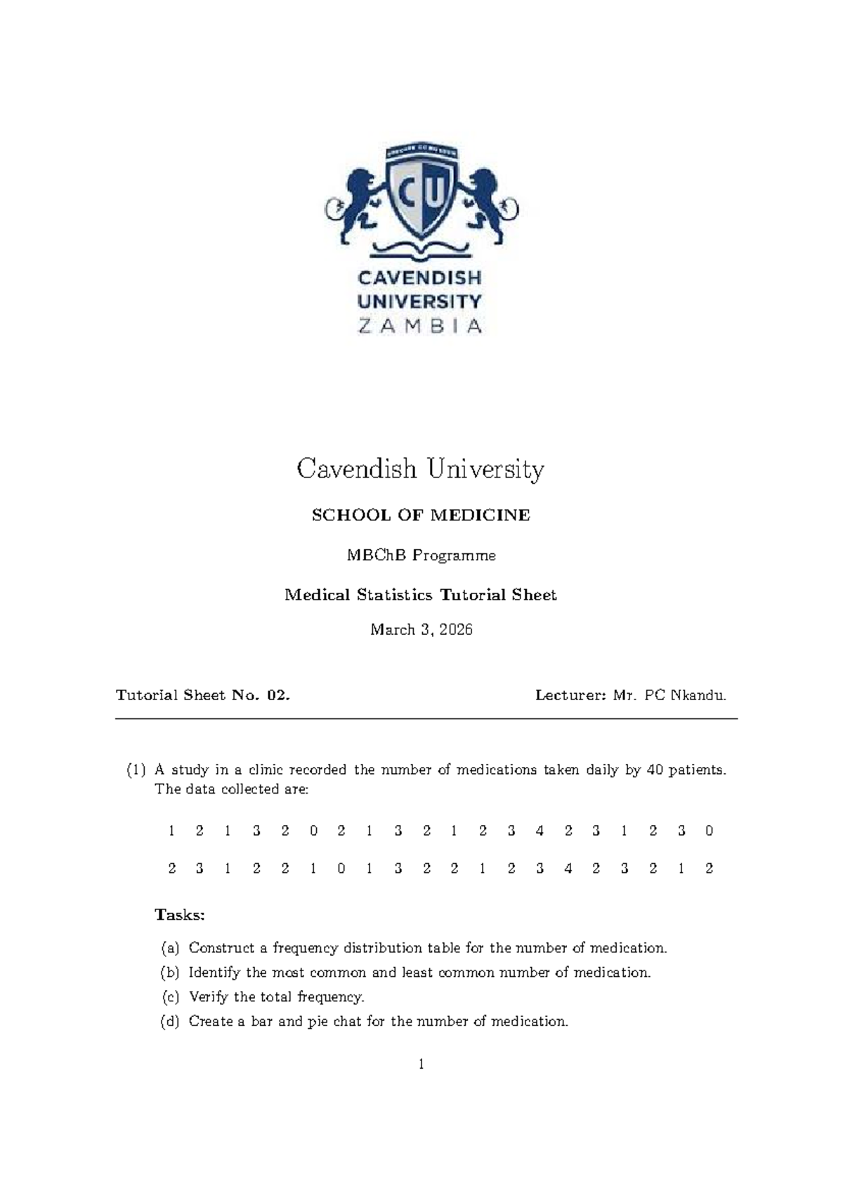 Medical Statistics Tutorial Sheet 2 - MBChB Programme - Studocu
