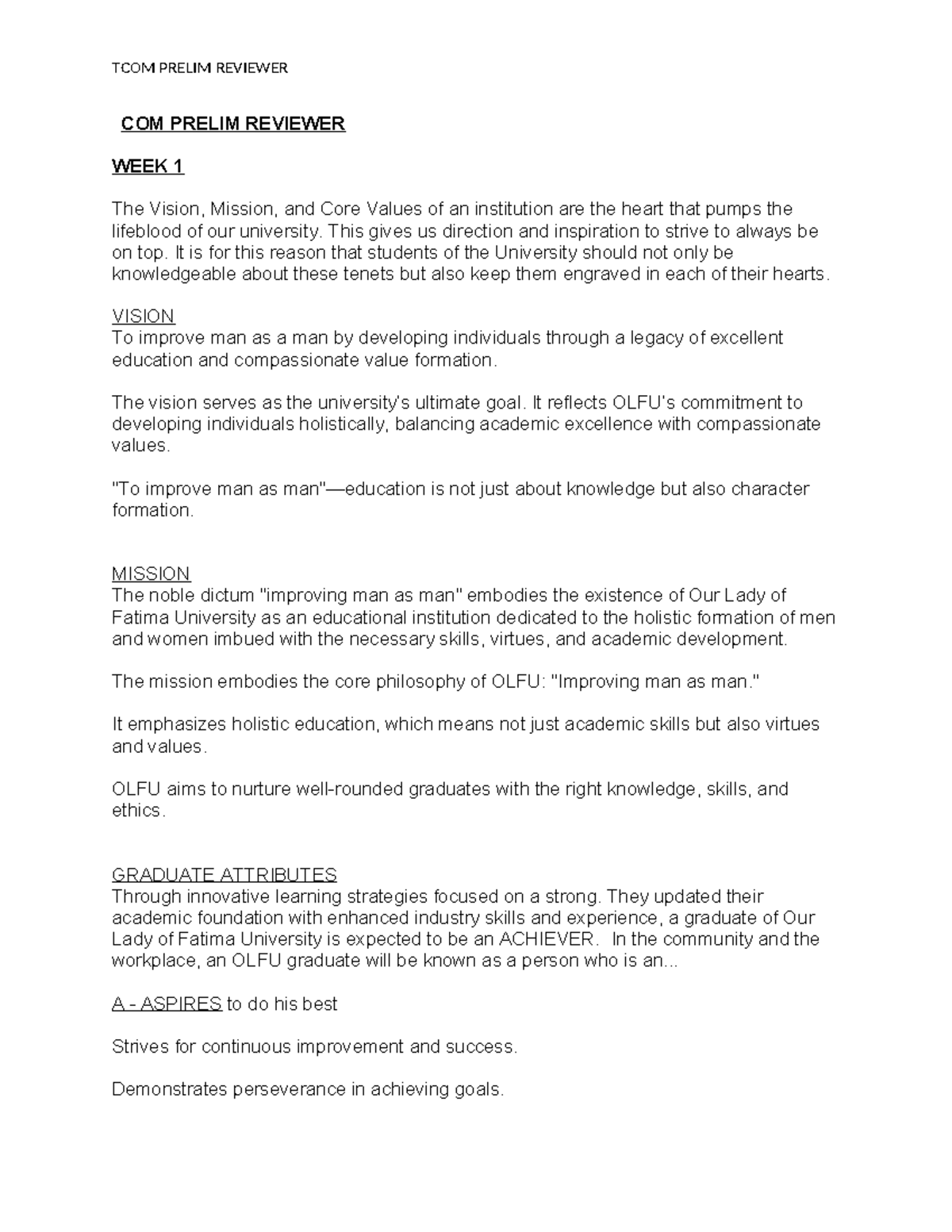 TCOM Prelim Reviewer: Vision, Mission, and School Leadership Insights - Studocu