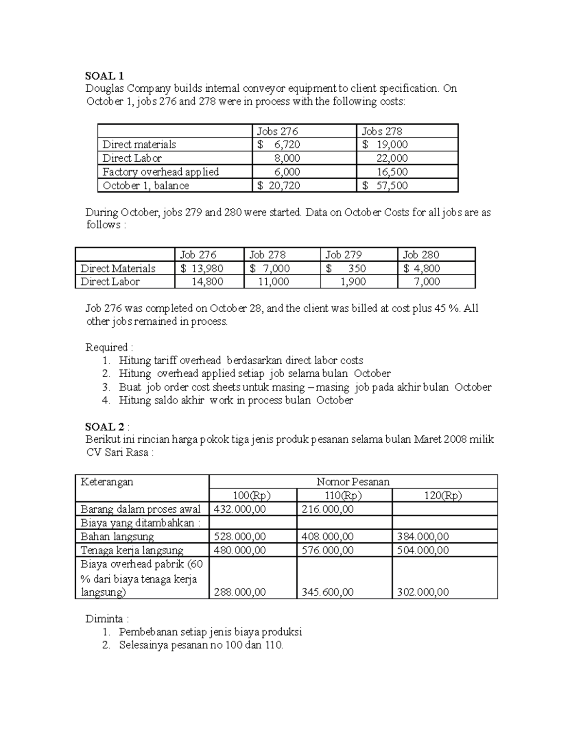 Latihan Soal JOB Order Costing - Analisis Biaya Produksi dan Jurnal ...