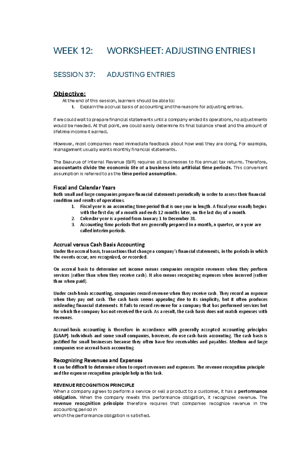 WEEK 12: WORKSHEET ON ADJUSTING ENTRIES I & II - Studocu