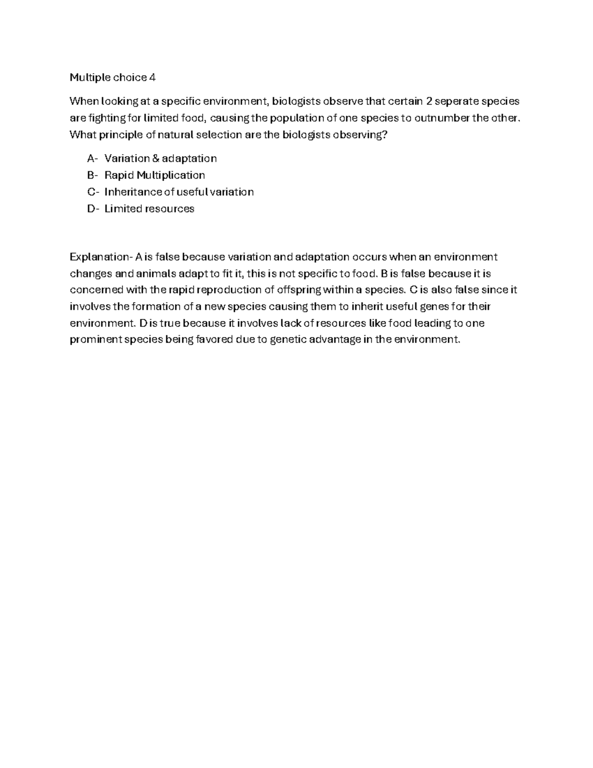 Psych 101: Multiple Choice Questions on Natural Selection Principles ...