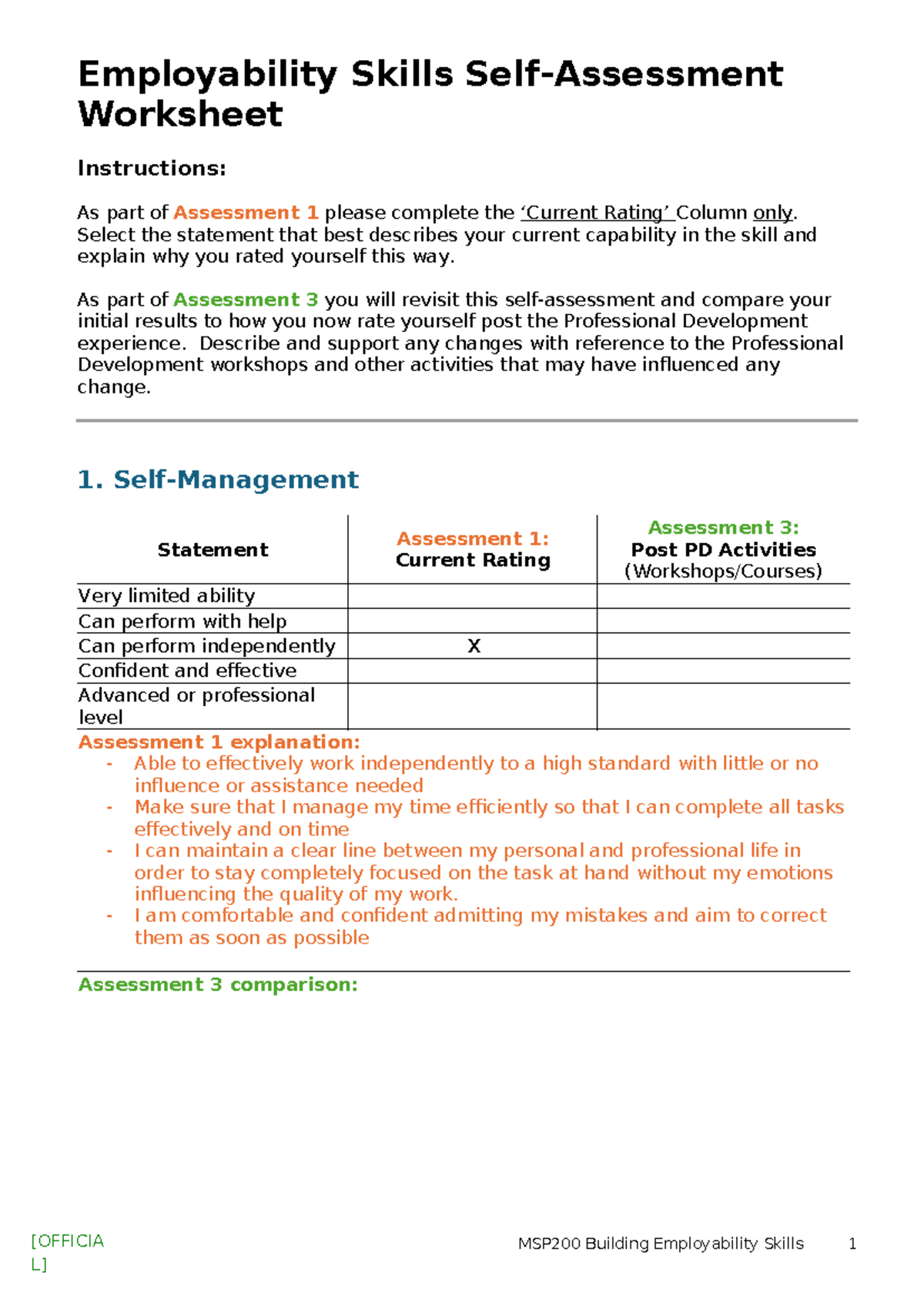 MSP200 Employability Skills Self-Assessment & Development Plan - Studocu