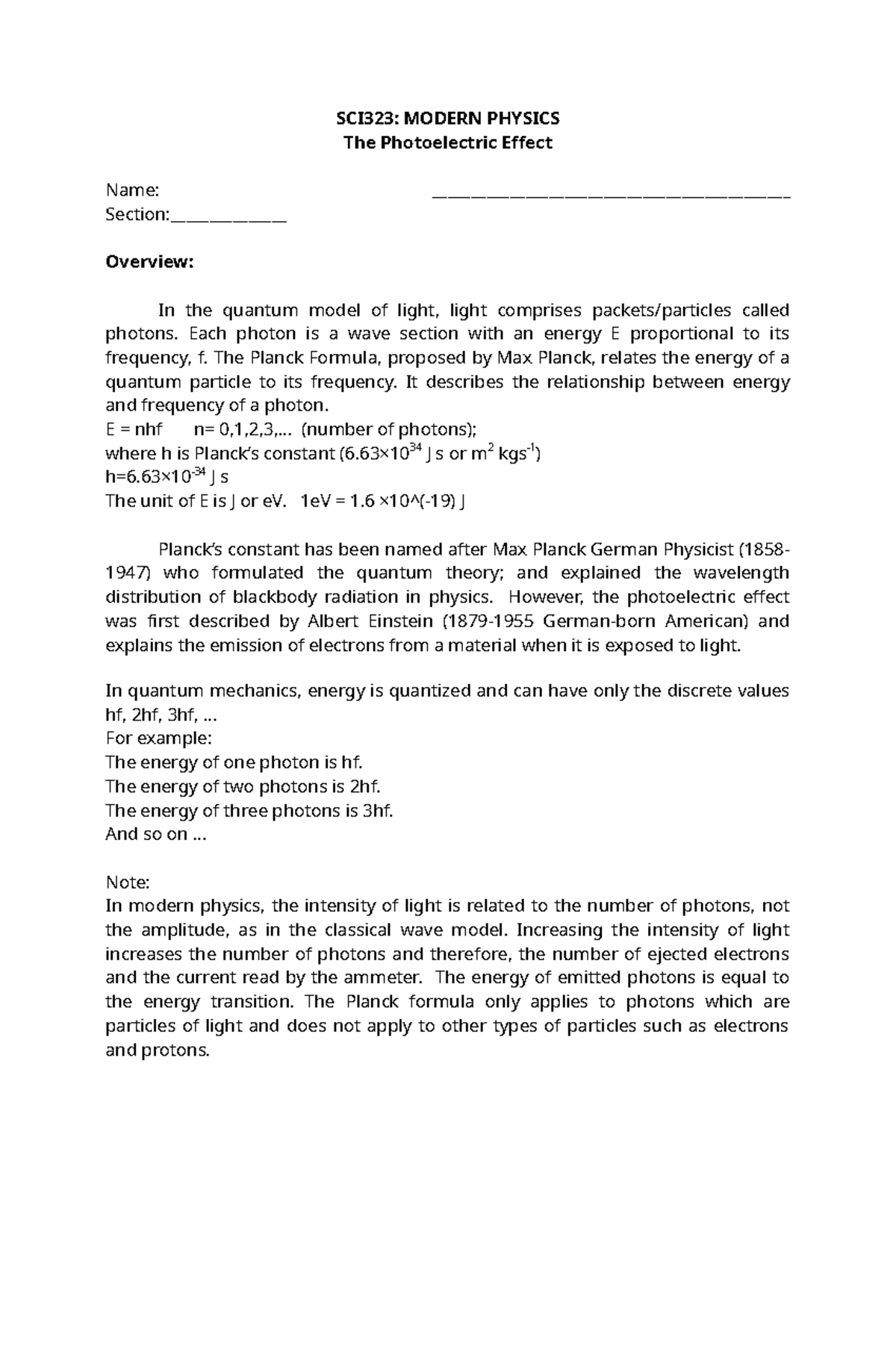 SCI323: Modern Physics - Photoelectric Effect Worksheet 1 - Studocu