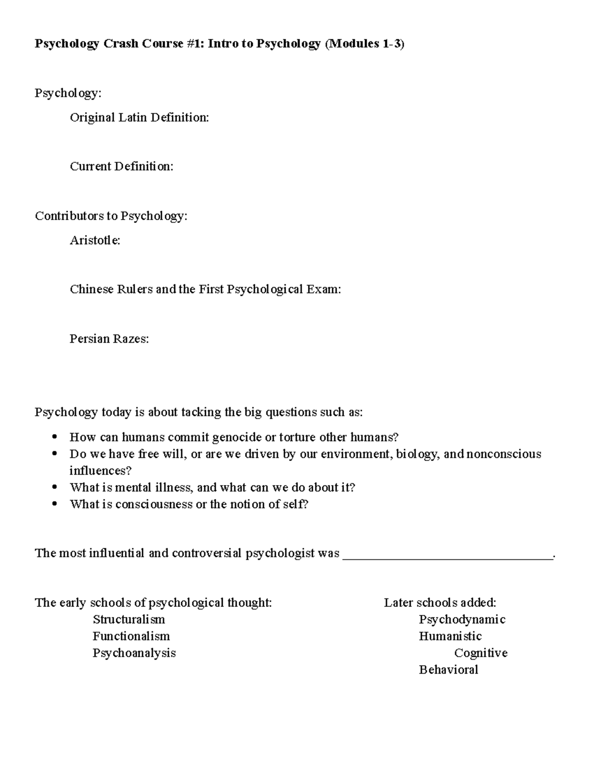 Psychology Crash Course Worksheets: Notetaking for Modules 1-25 - Studocu