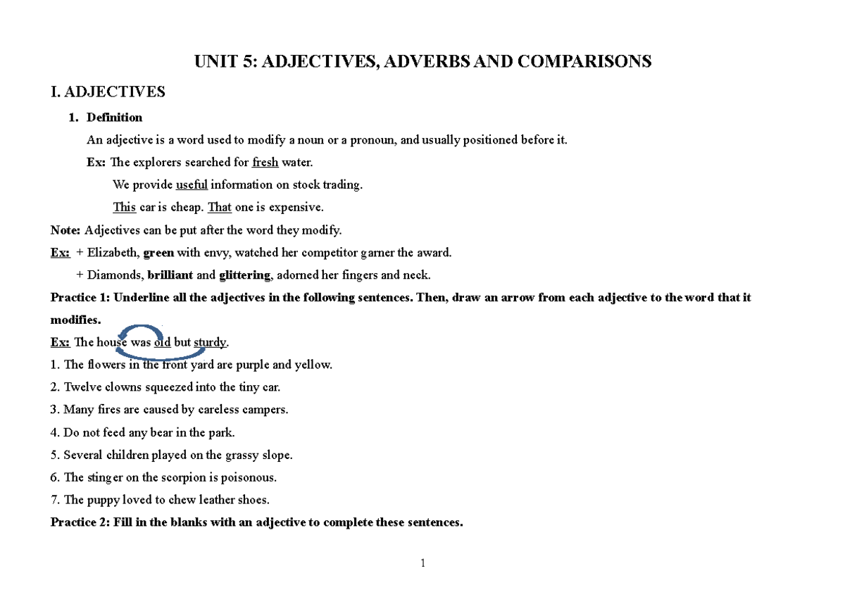 Handout Unit 5-Adjectives and adverbs revised - UNIT 5: ADJECTIVES ...