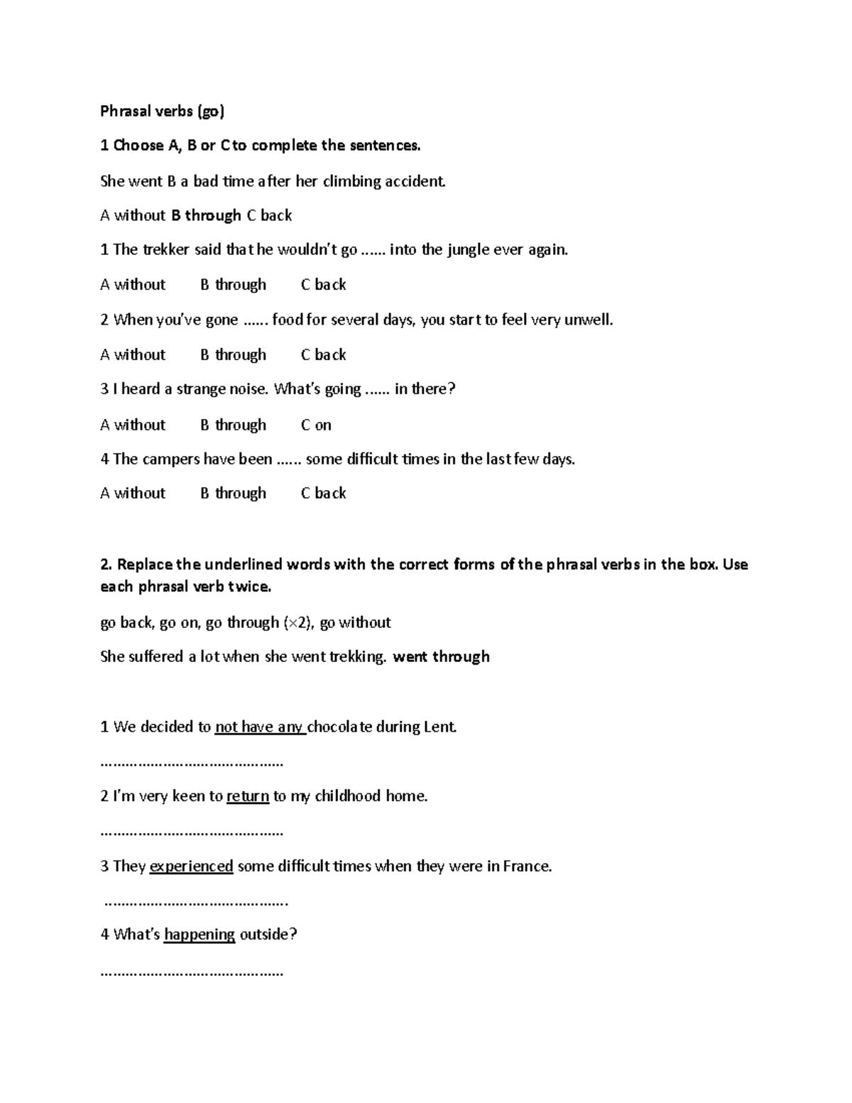 Phrasal Verbs: GO - Exercises and Practice Questions - Studocu