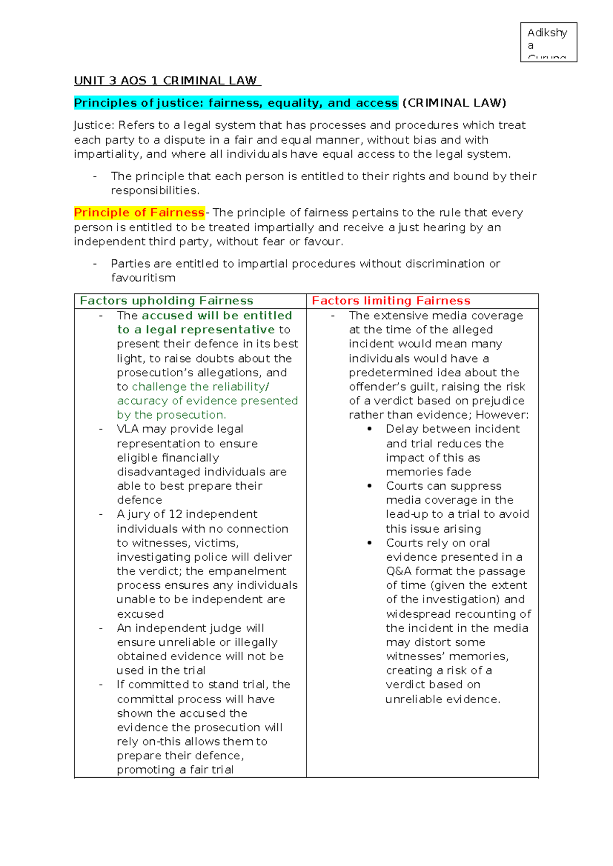 Legal UNIT 3 AOS 1A Criminal Law: Principles of Justice and Fairness ...