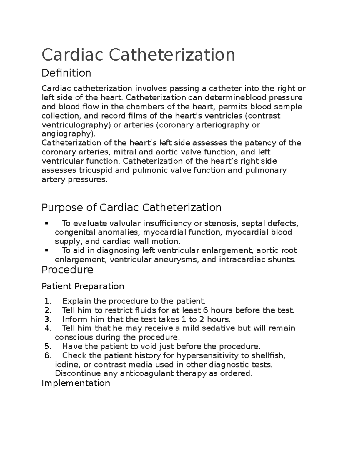 Nursing Notes- Cardiac Catheterization - Cardiac Catheterization ...