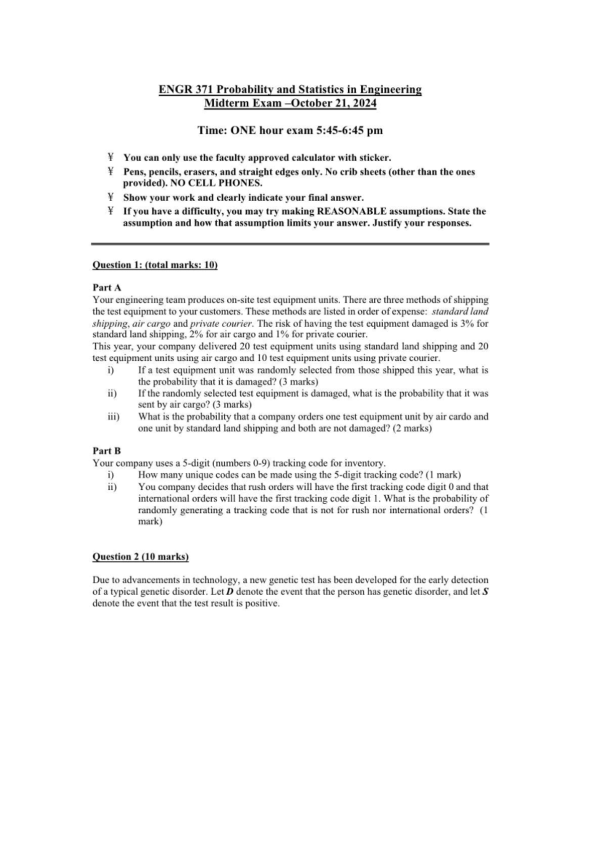 Midterm Exam Review for ENGR 371: Probability & Statistics in ...