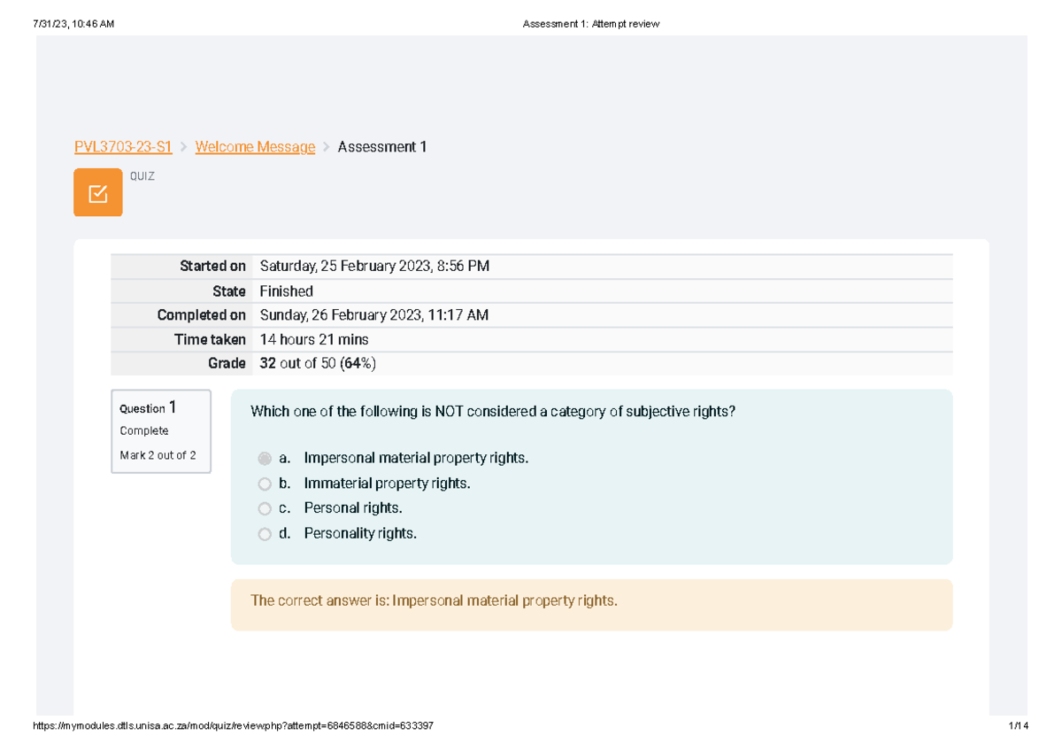 PVL3703-23-S1 Assessment 2 - Quiz Answers and Grades Details - Studocu