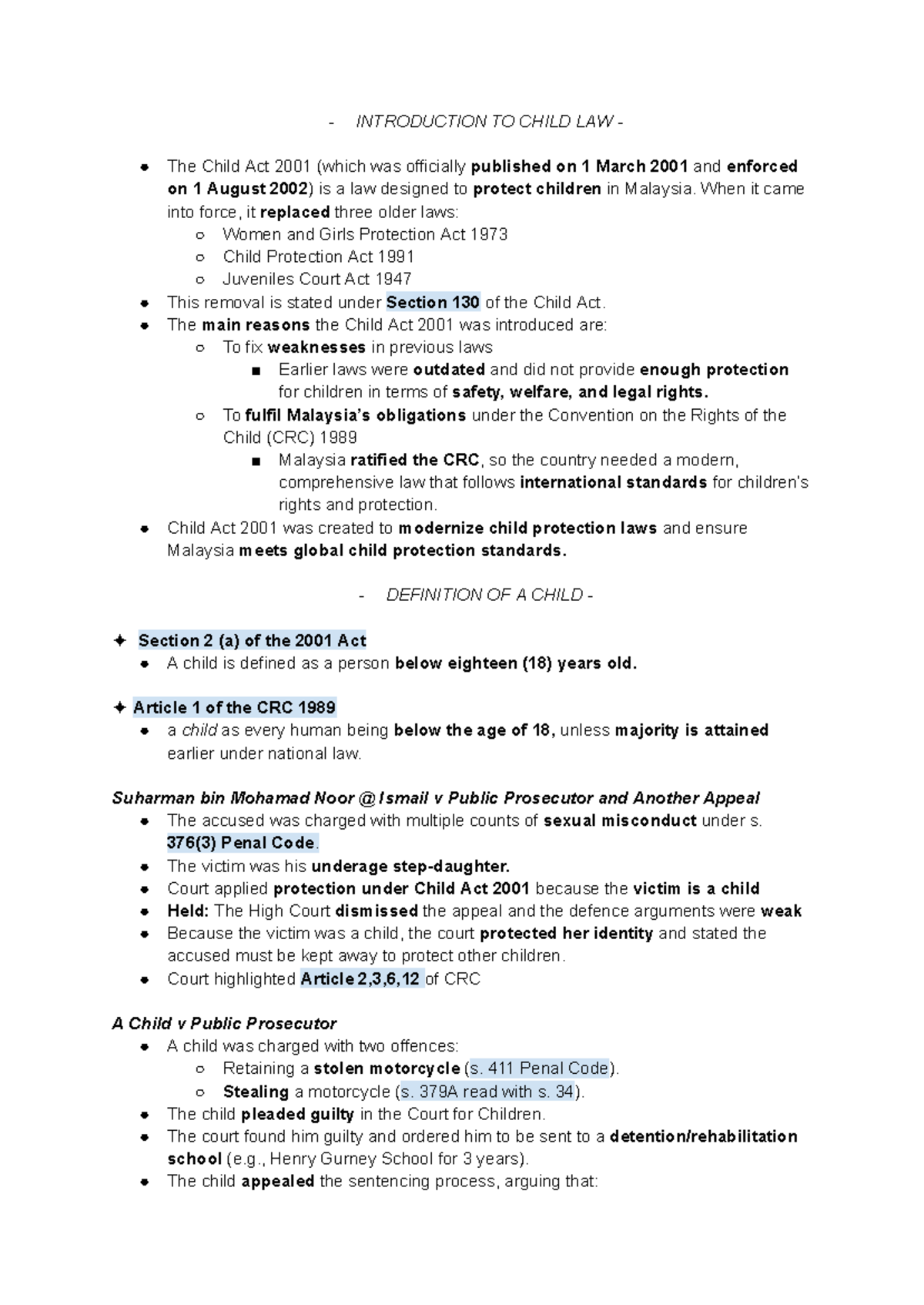 Child Law Overview: The Child Act 2001 and Its Implications - Studocu