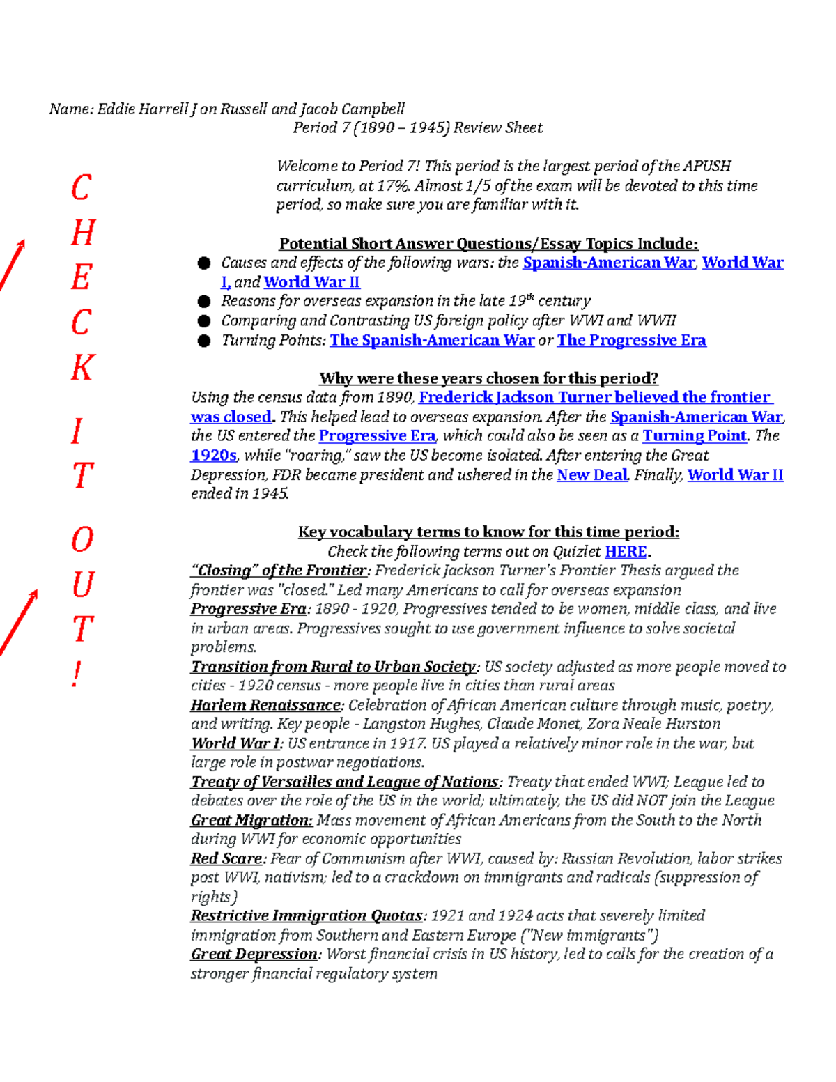 **APUSH Period 7 (1890-1945) Comprehensive Review Sheet** - Studocu