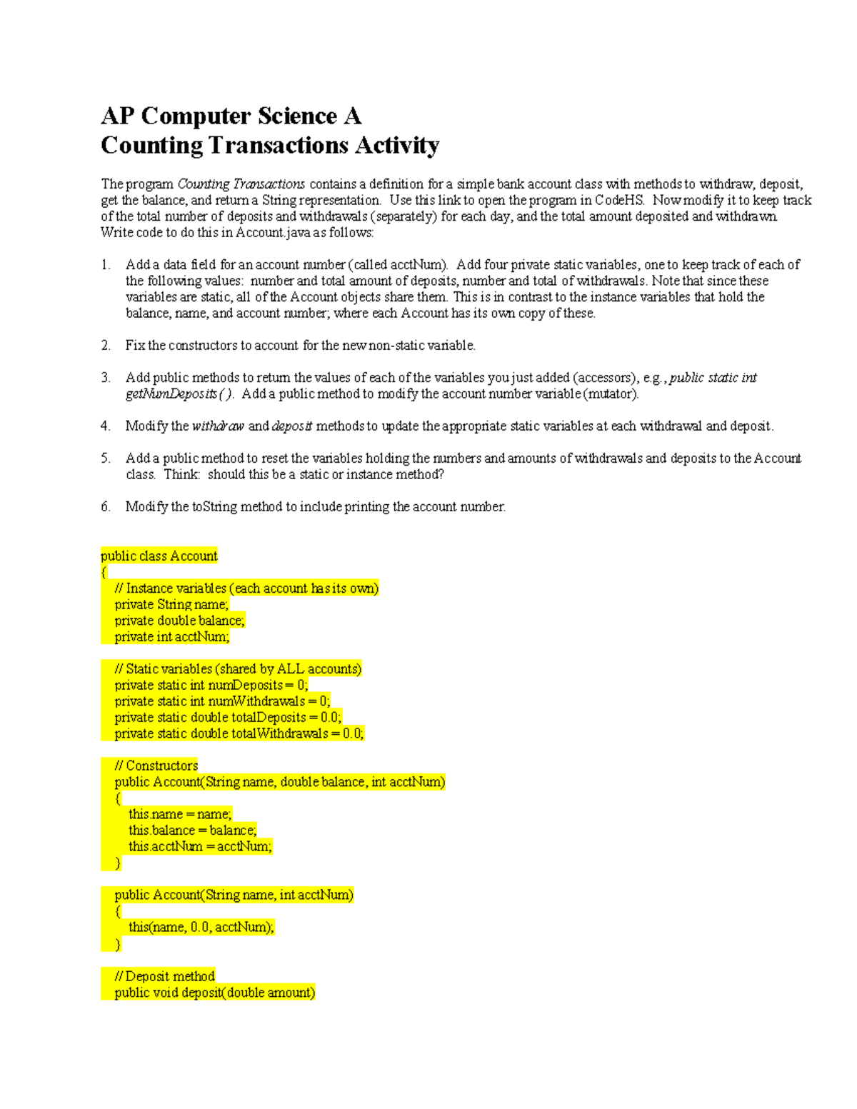 AP Computer Science A: Counting Transactions Activity Guide - Studocu