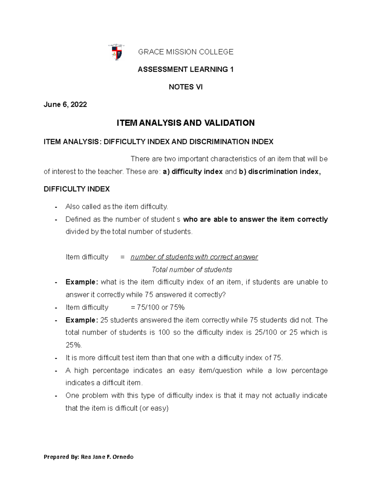 Assessment in Learning 1-Module 6 - GRACE MISSION COLLEGE ASSESSMENT ...