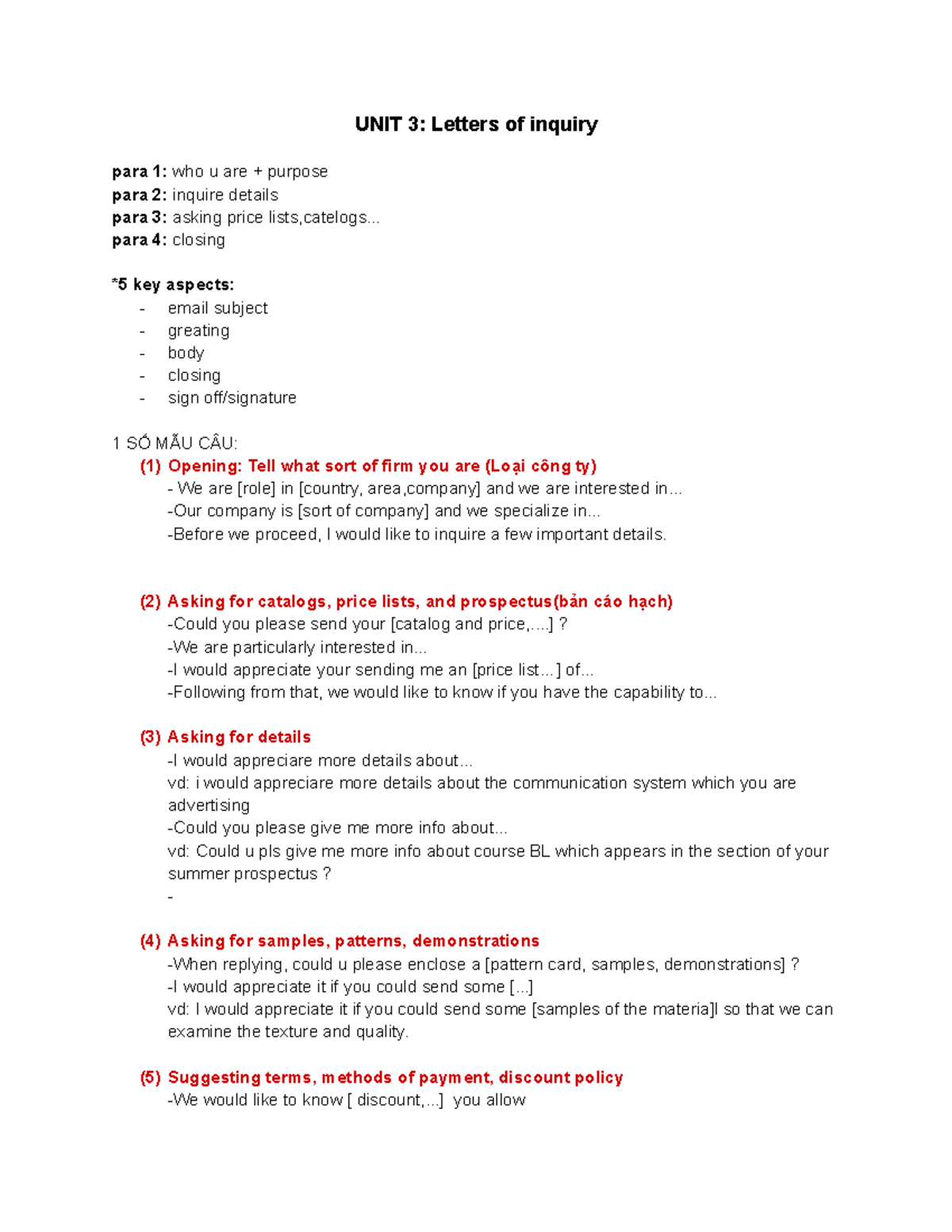 UNIT 3: Letters of Inquiry - Key Elements and Sample Phrases - Studocu
