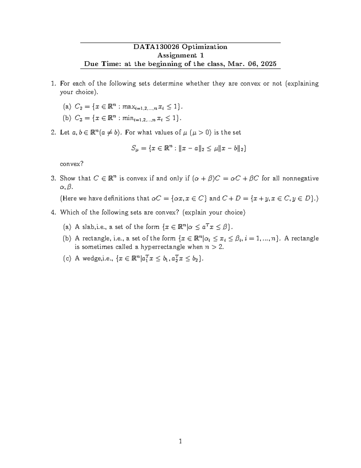 DATA130026 Optimization - Assignment 1: Convexity Analysis - Studocu