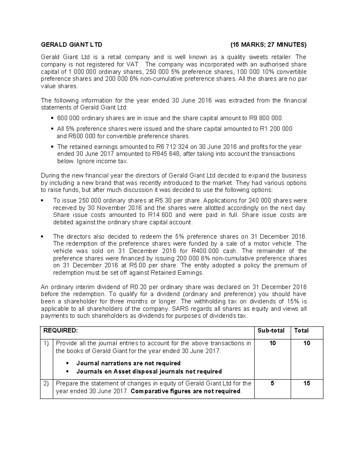 Gerald Giant Ltd (FIN 101) Journal Entries & Equity Statement for 2017 ...