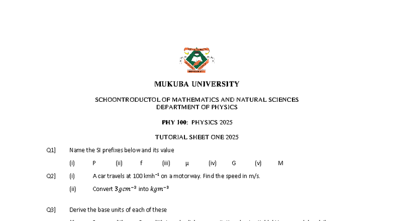 PHY 100: Physics 2025 Tutorial Sheet One - SI Prefixes & Units - Studocu