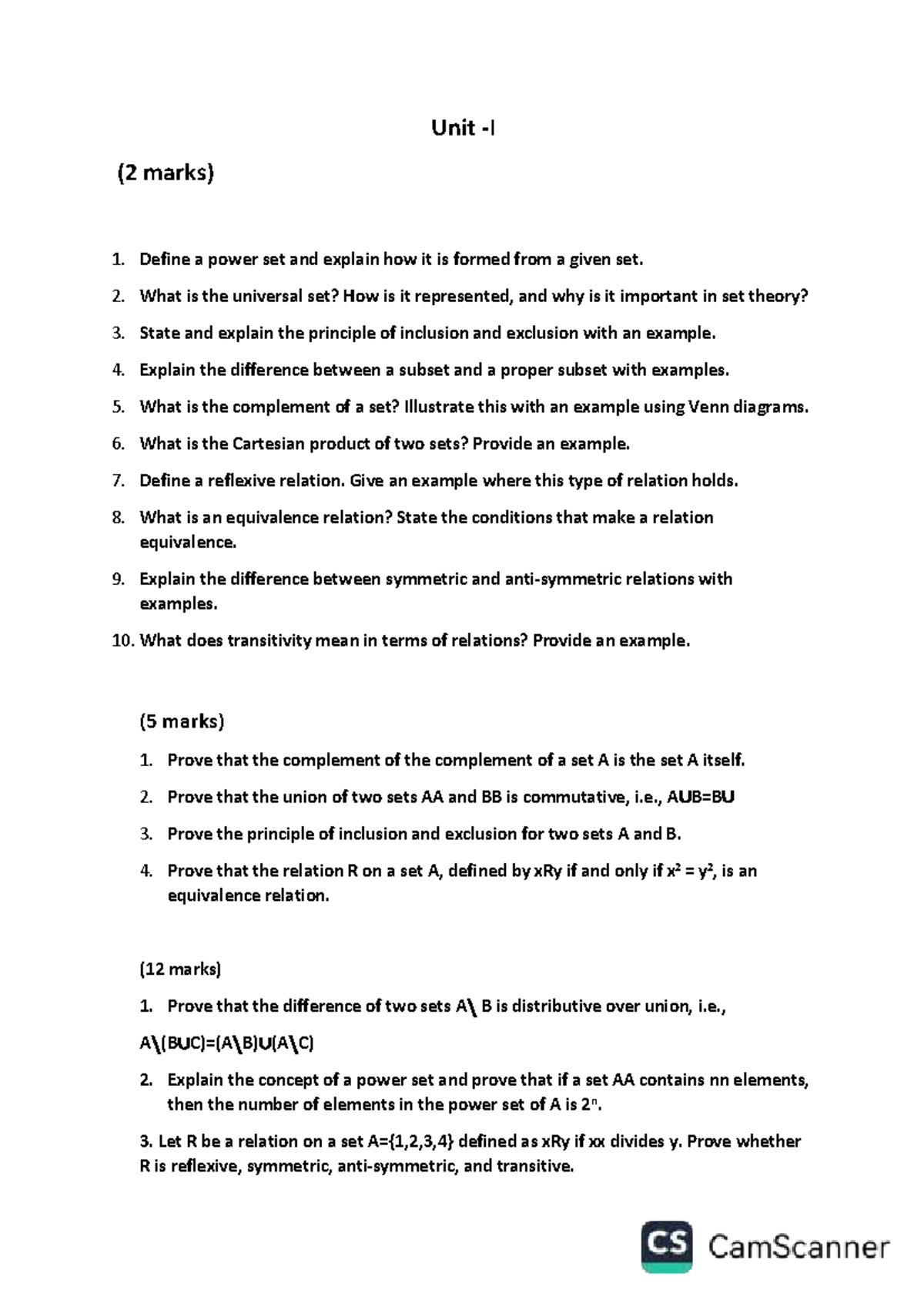 BCA 1st Year Math Question Bank: Set Theory & Relations - Studocu