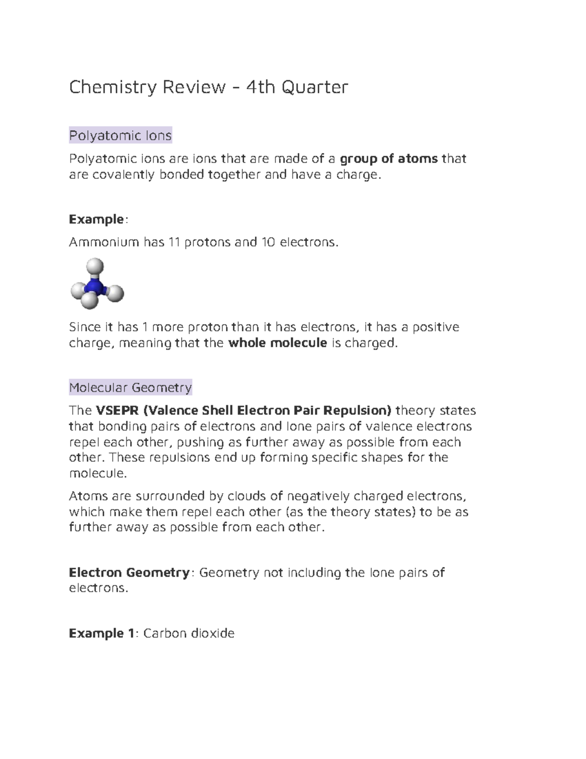 Chemistry Review - 4th Quarter: Polyatomic Ions & Molecular Geometry ...