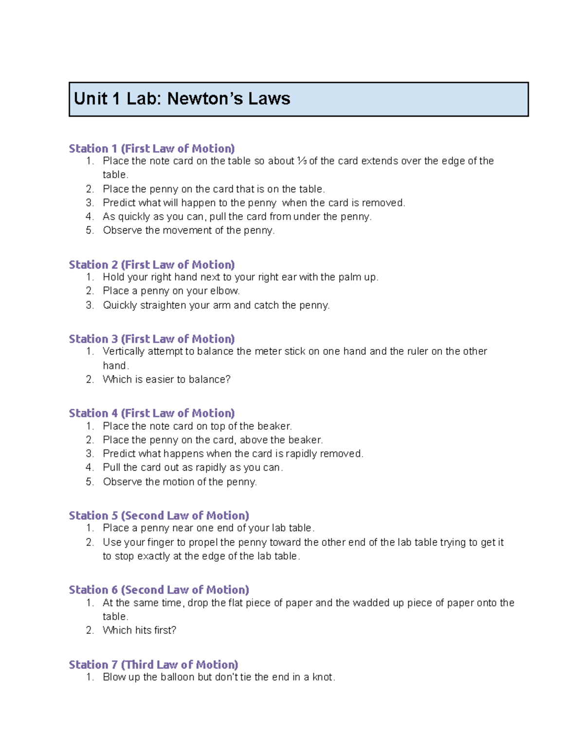 Lab - Unit 1 - Newton's Laws Experiments and Observations - Studocu