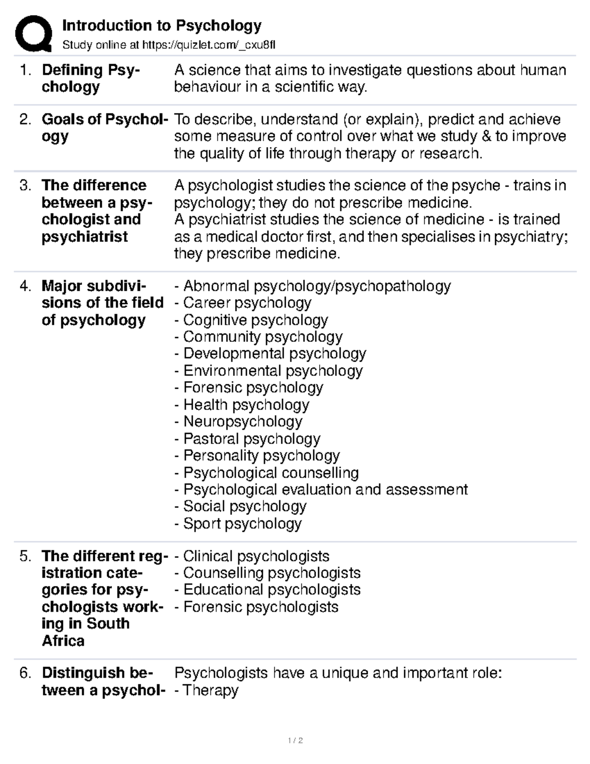 Intro to Psychology (Chapter 1) - Key Concepts & Definitions - Studocu