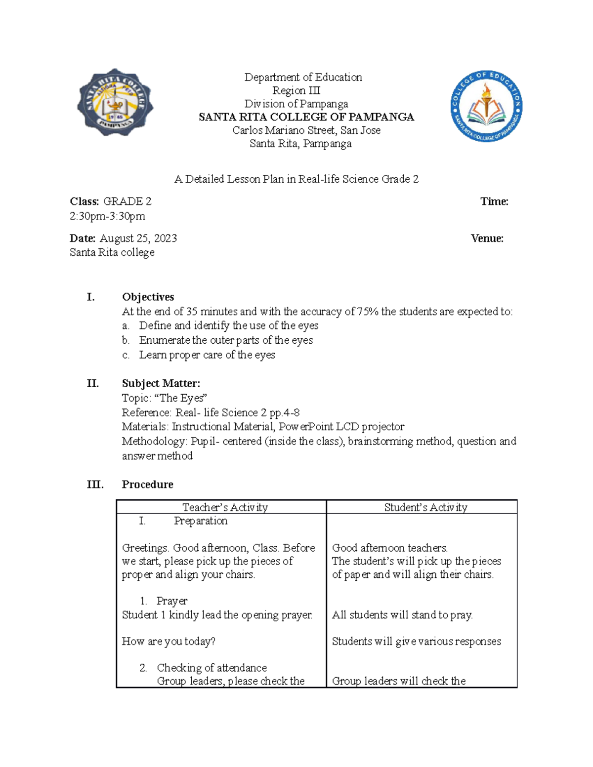 DLP GRADE 2 Science: Lesson Plan on Eye Anatomy & Care - Studocu