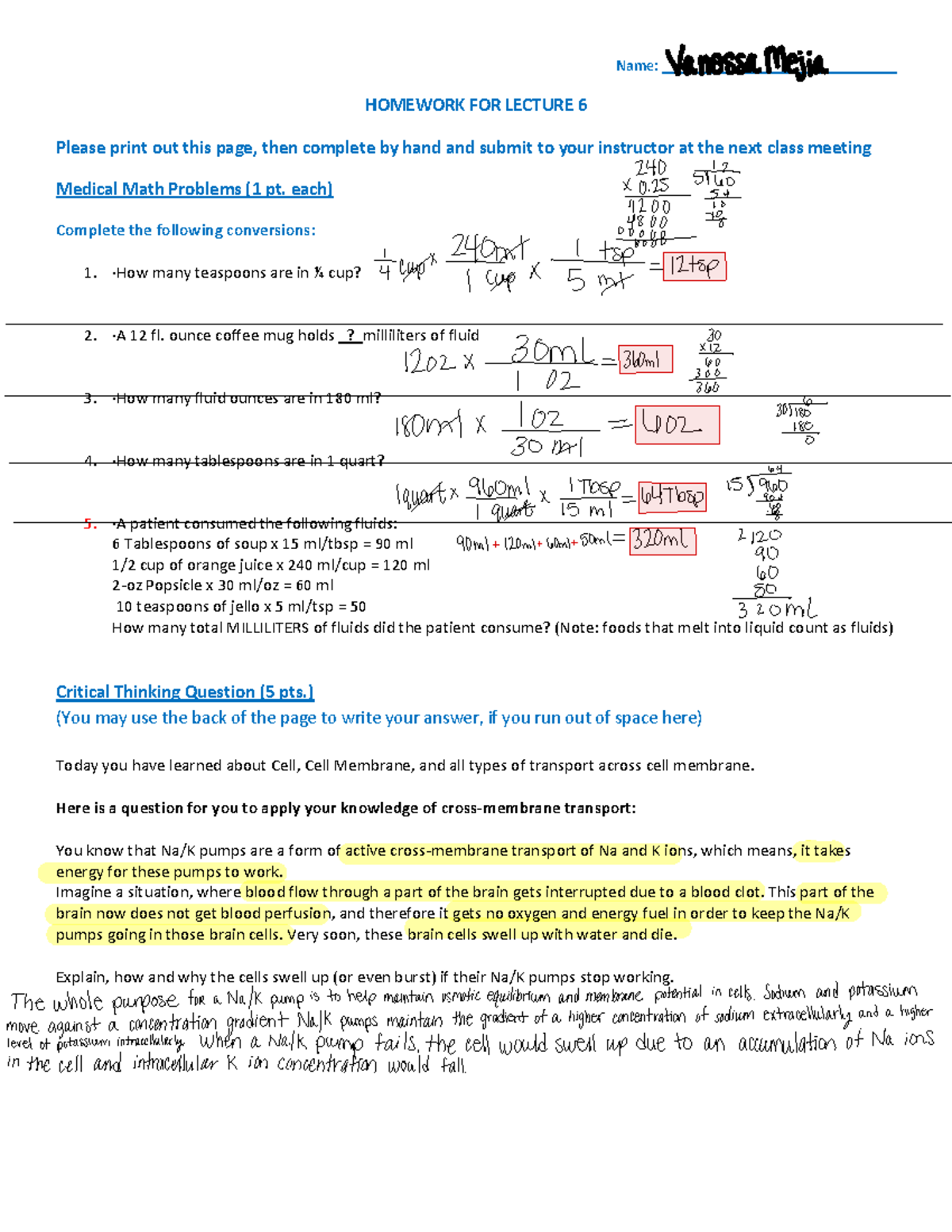 EMB Homework 6 - Name: HOMEWORK FOR LECTURE 6 Please print out this ...