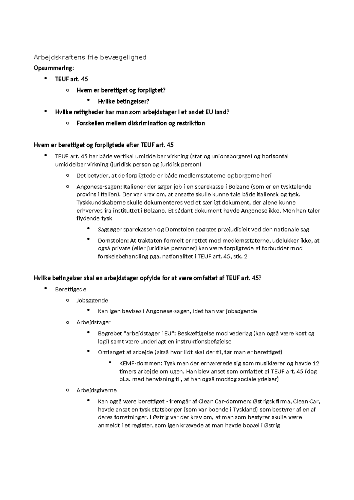 TEUF Art. 45: Arbejdskraftens Frie Bevægelse og Rettigheder i EU - Studocu