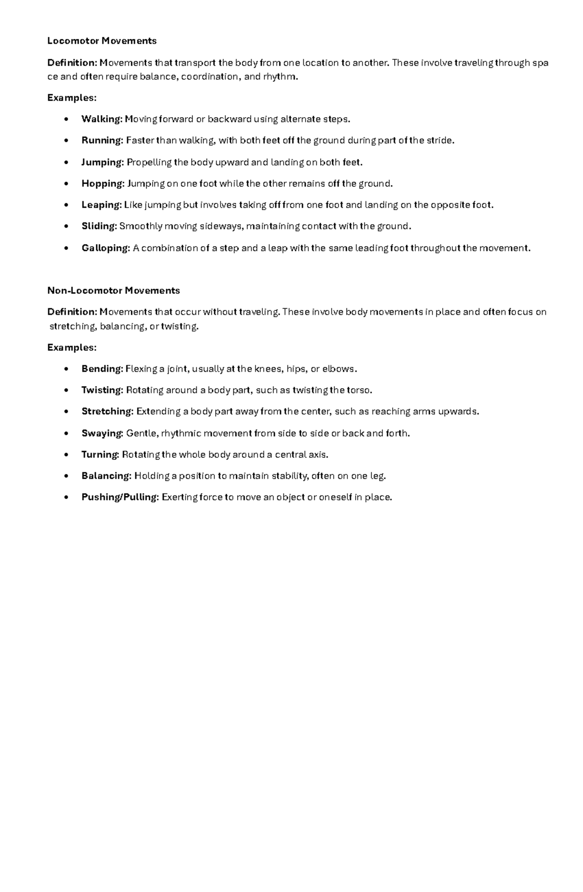 Locomotor & Non-Locomotor Movements: Definitions & Examples - Studocu