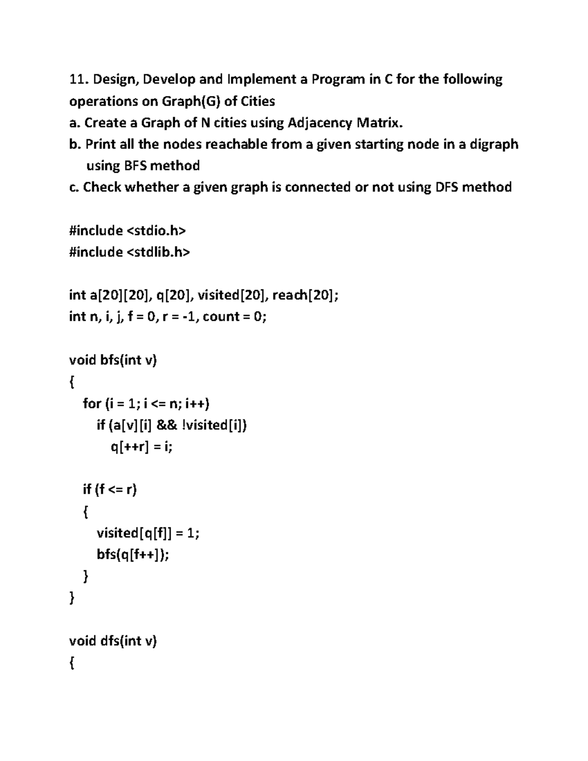 PRGM 11: C Program for Graph Operations - BFS & DFS Methods - Studocu