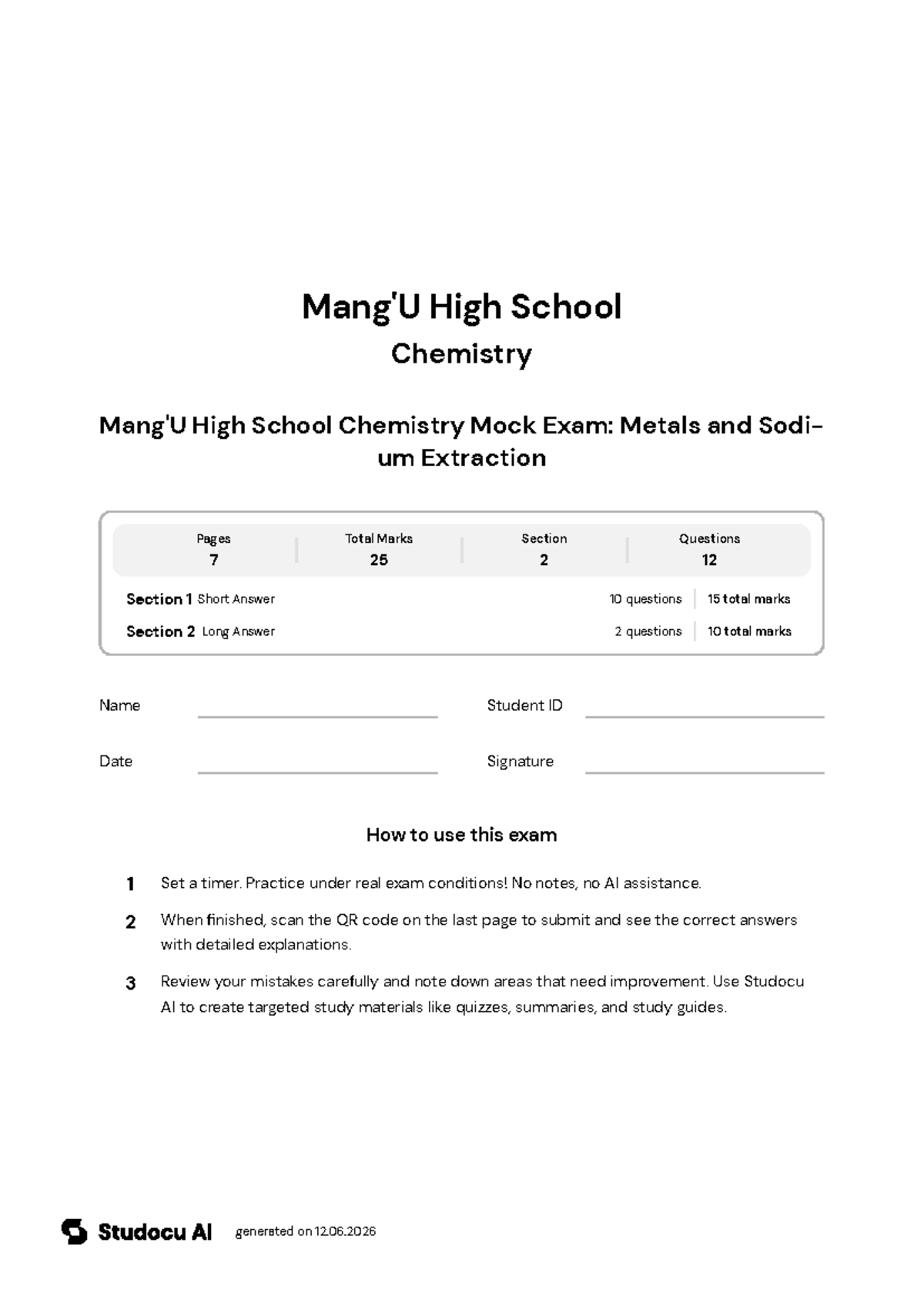 Mang'U High School Chemistry Mock Exam: Metals & Sodium Extraction ...