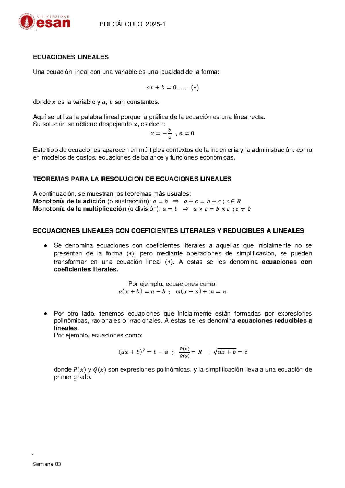 Ejercicios de Semana 3 - PRECÁLCULO: Ecuaciones Lineales - Studocu