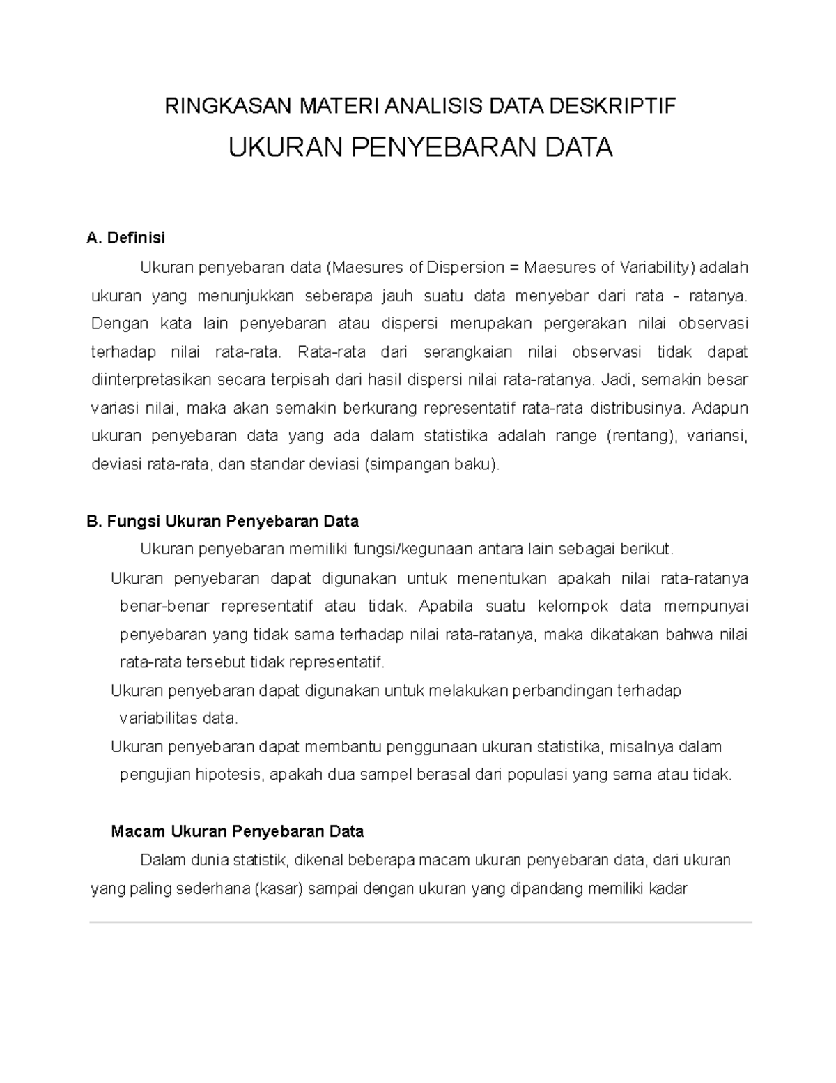 Ringkasan Materi DATA 4: Ukuran Penyebaran dalam Analisis Deskriptif ...