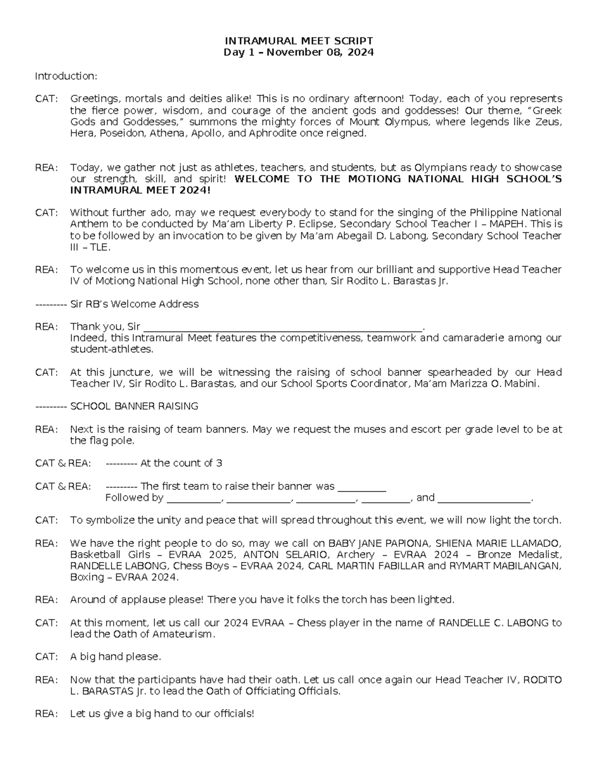 Intramural Meet 2024 Script: Day 1 - Greek Gods Theme - Studocu