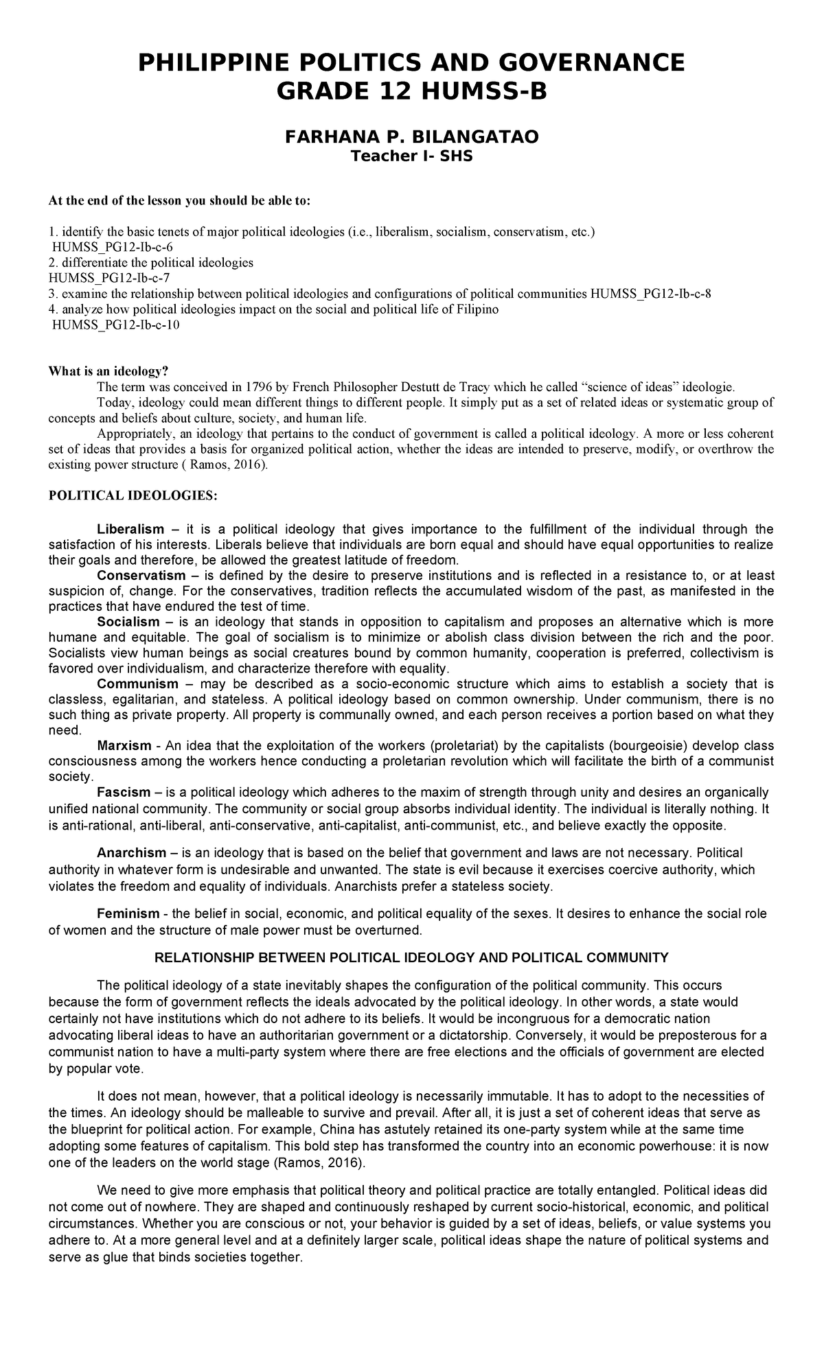 Political Ideologies in PH Politics - G12 HUMSS-B Notes & Activities ...