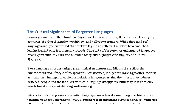 Cultural Significance of Forgotten Languages - Essay Notes - Studocu