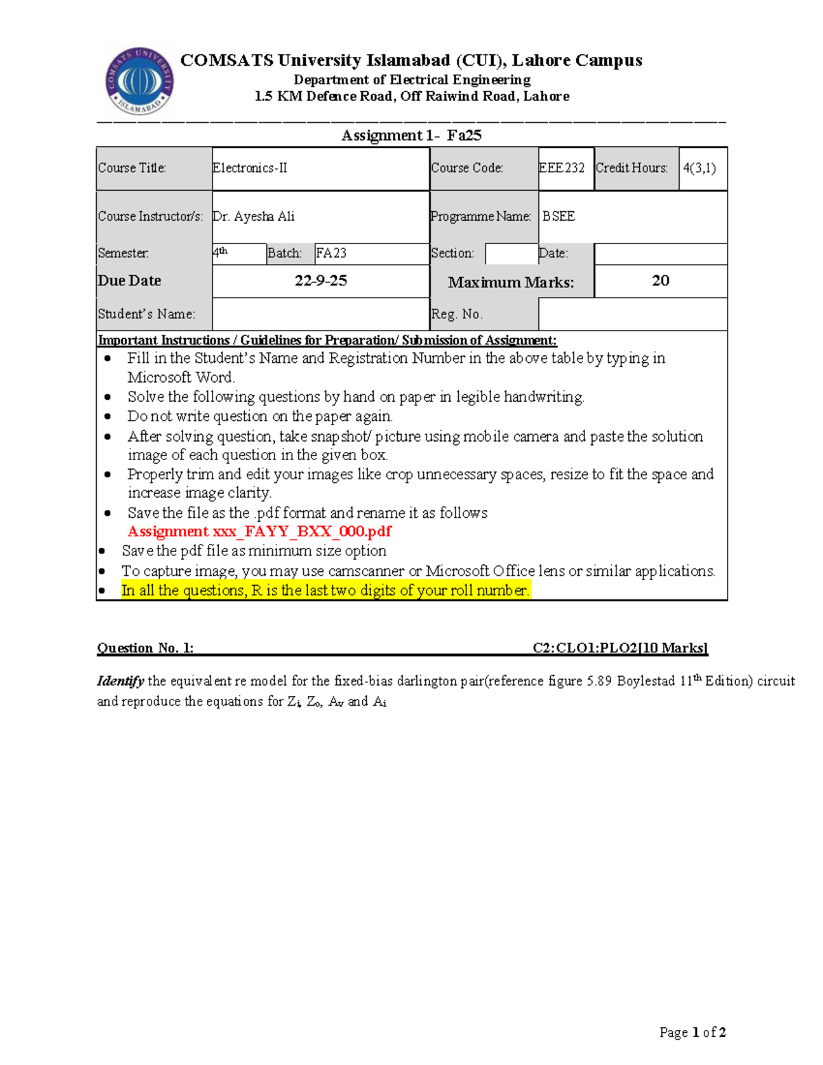 Assignment 1: Electrical Engineering Concepts - CUI Fa25 - Studocu