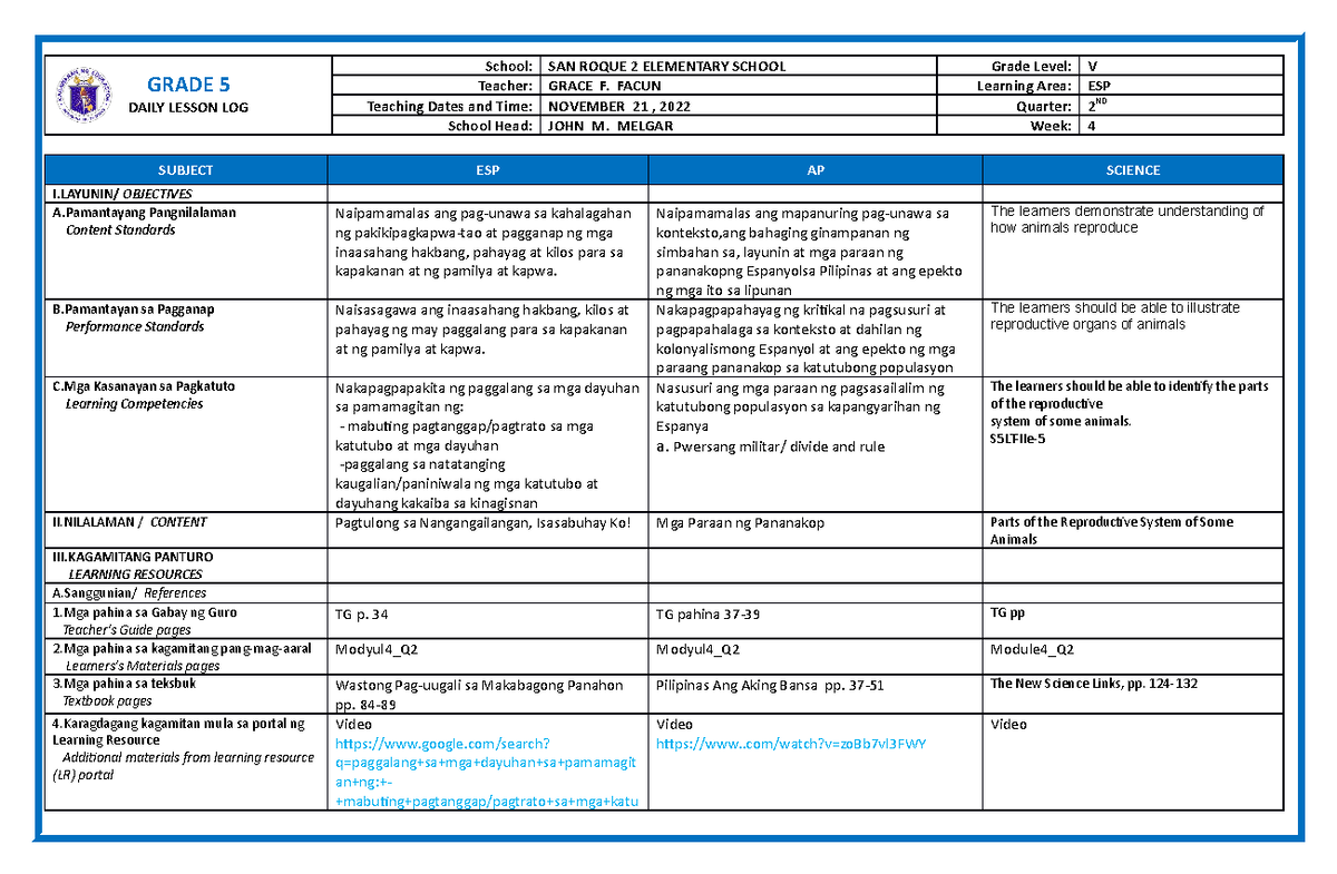 ESP-AP- Science 5 DLL Q2 W4 - Animal Reproductive System and ...