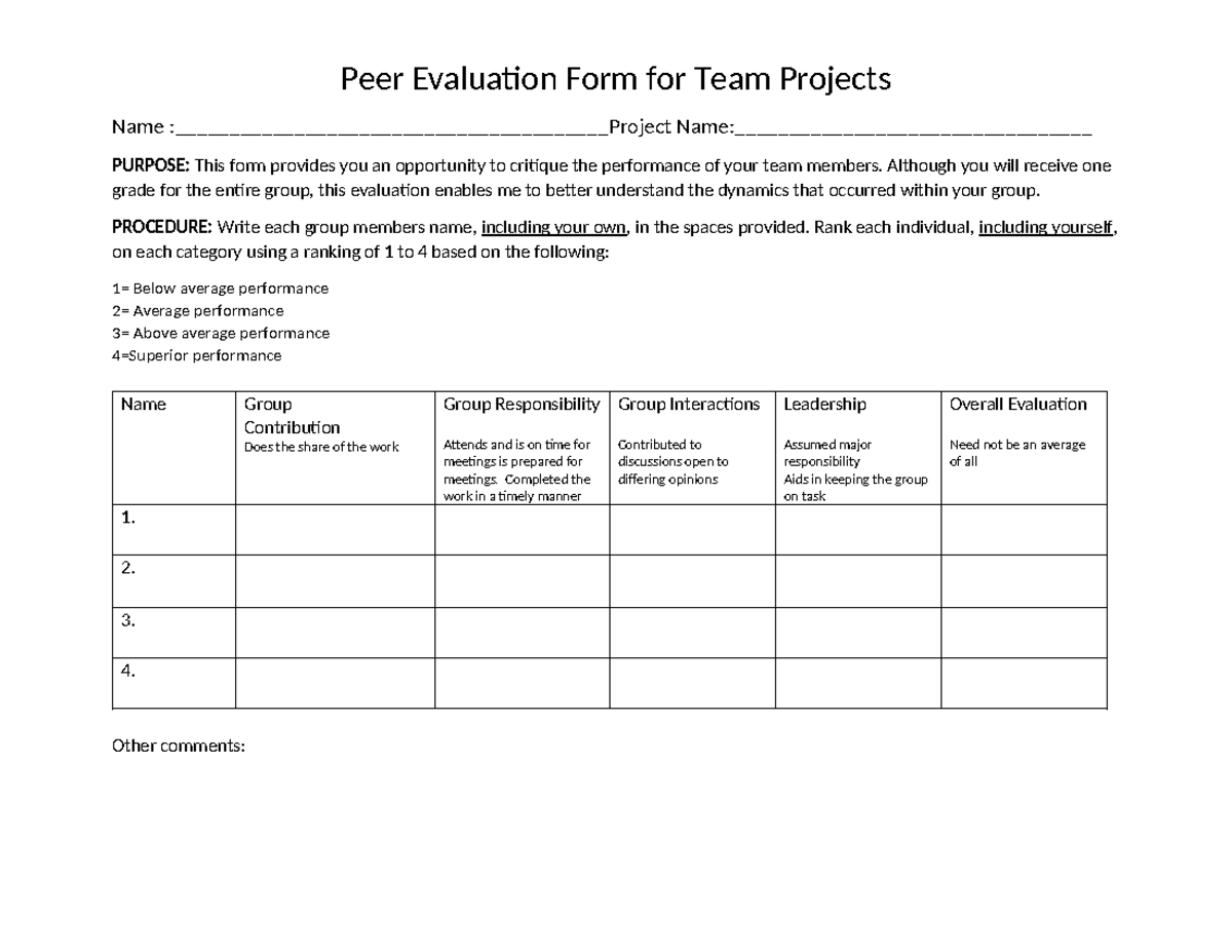 Peer Evaluation Form for Team Projects - N/A - Studocu