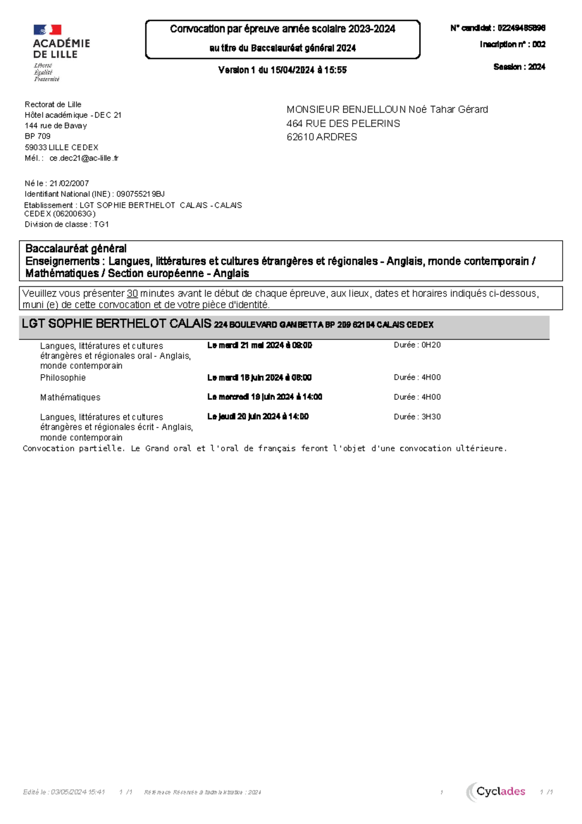 Convocation par épreuve Bac Général 2024 - Version 1 du 15/04/2024 ...