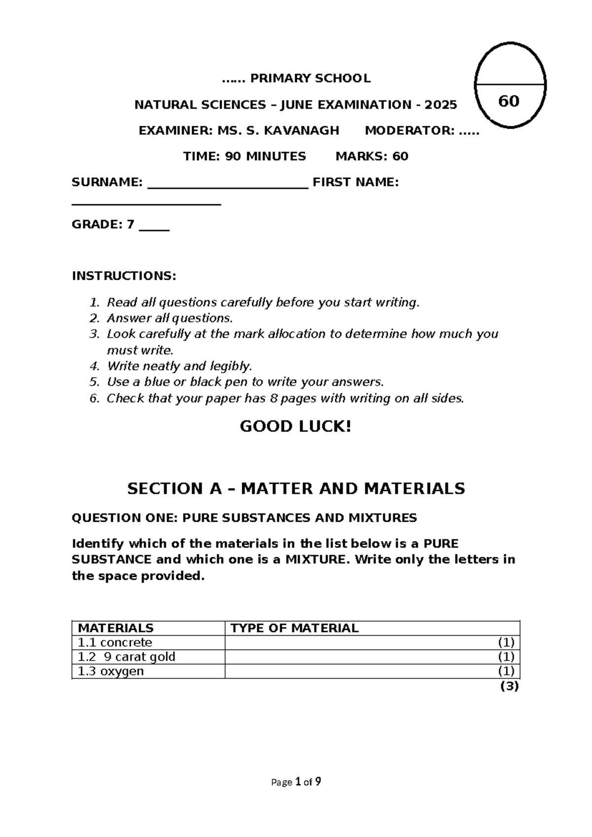 NS - JUNE 2025 - GRADE 7 NATURAL SCIENCES EXAMINATION - Studocu